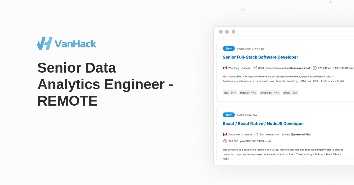 Senior Data Analytics Engineer Remote Vanhack